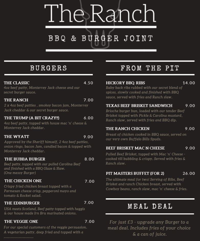 Menu at The Ranch Sighthill BBQ, Edinburgh, 12 Bankhead Ave