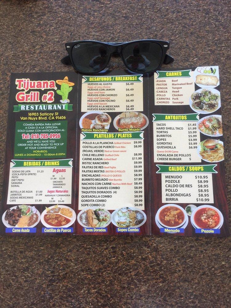 Menu at Tijuana Grill restaurant, Los Angeles, Sepulveda Blvd