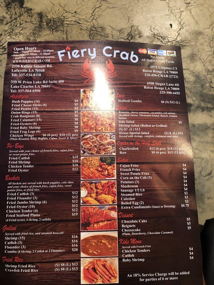 Carta de Fiery Crab Seafood Restaurant And Bar - Siegen Lane, Baton ...