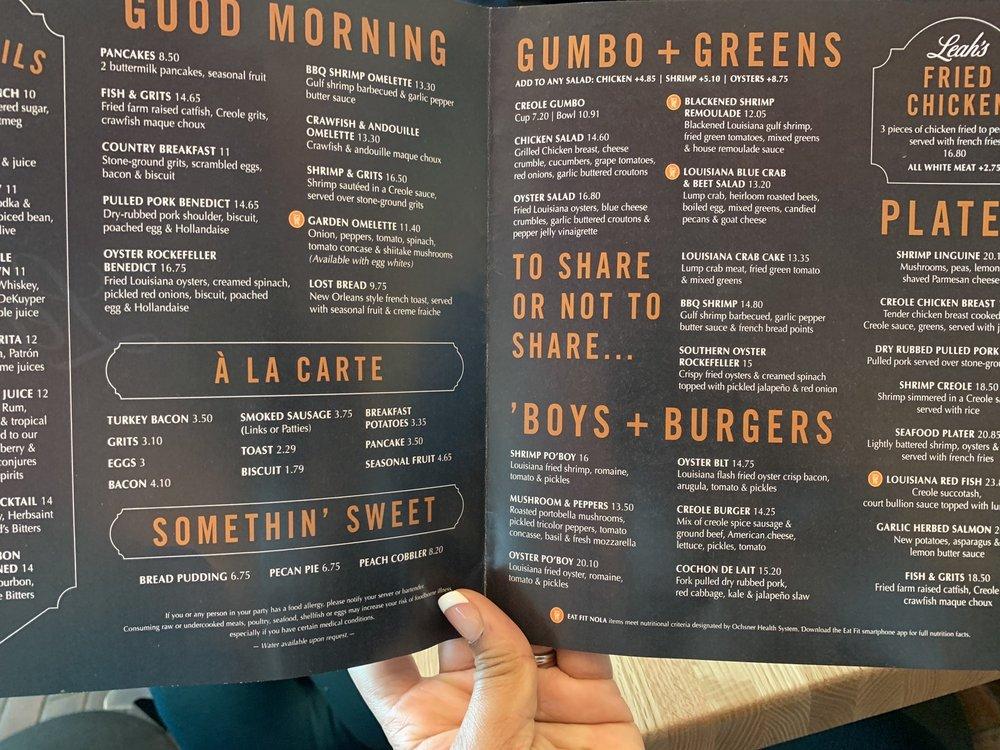 Menu at Leah's Kitchen restaurant, Kenner, 1 Terminal Dr