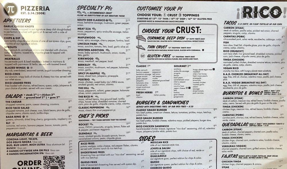 Menu at Pi Pizzeria & !Rico! Mexican, St. Louis