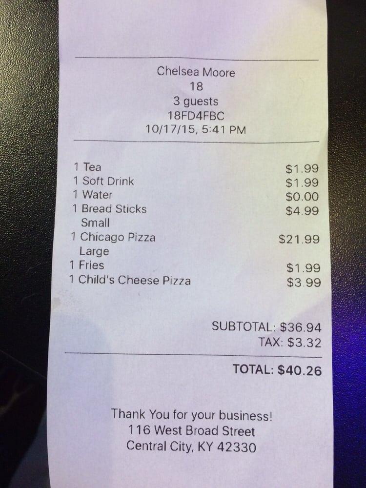 Menu at Stellian's restaurant, Central City