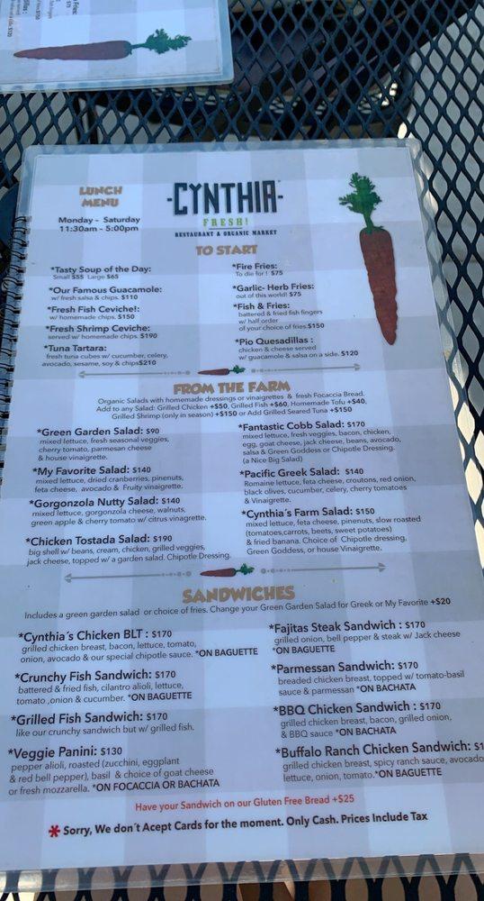 Menu at Cynthia Fresh restaurant, San José del Cabo