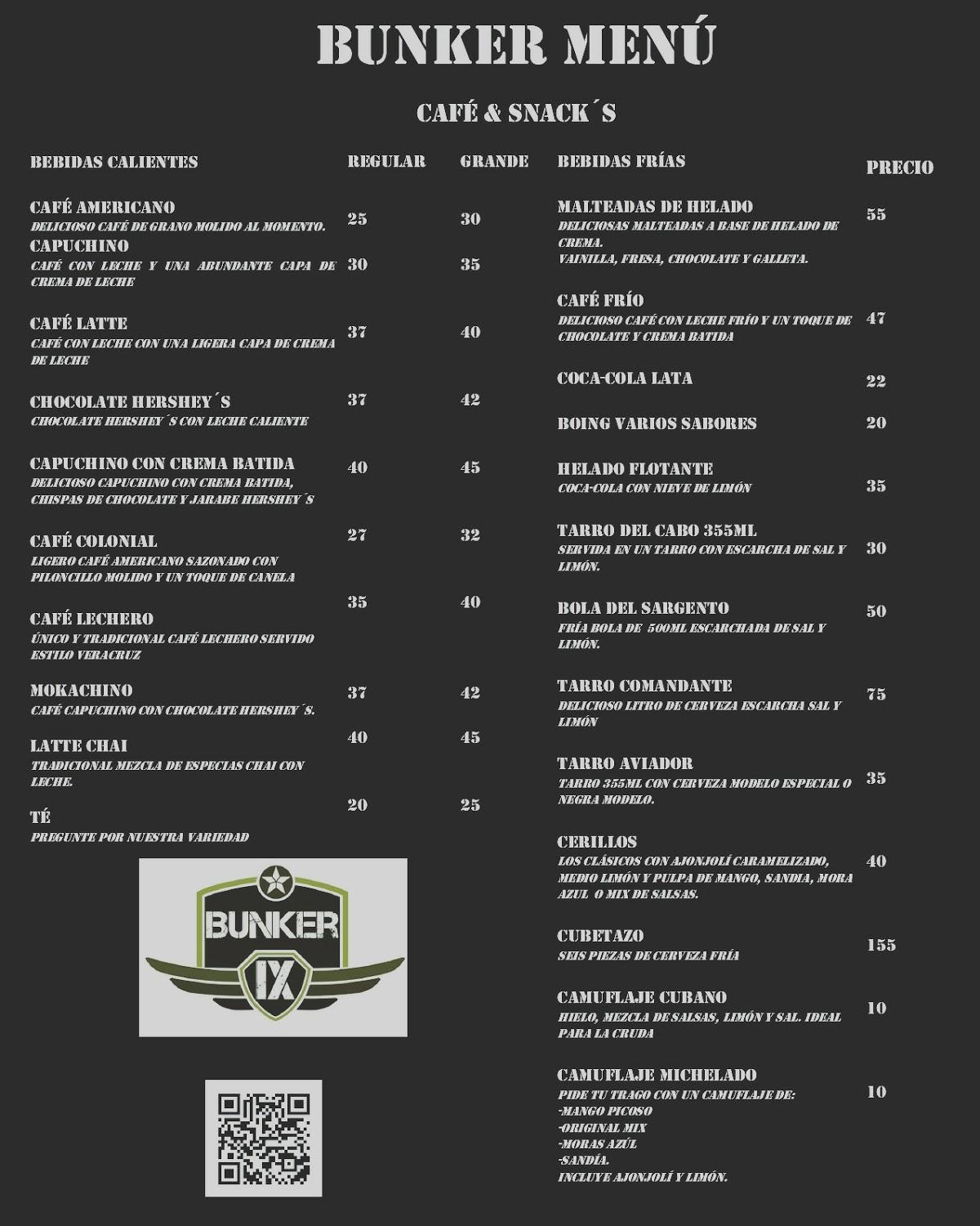 Menu at EL BUNKER IX cafeteria, Mexico