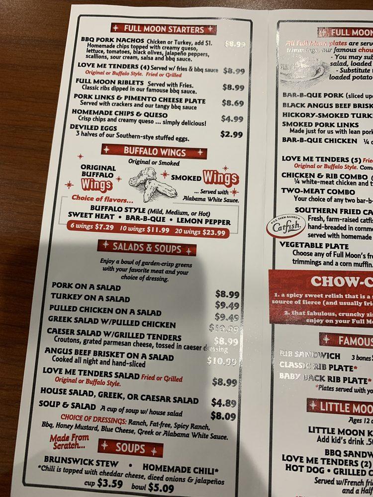 Menu At Full Moon Bar B Que Trussville N Chalkville Rd