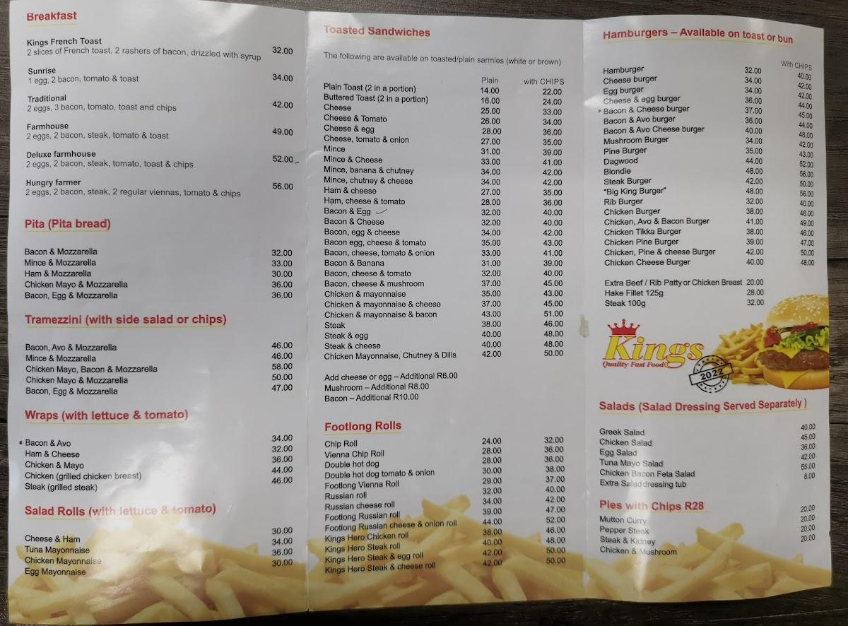 Menu at Kings Fast Food, Germiston