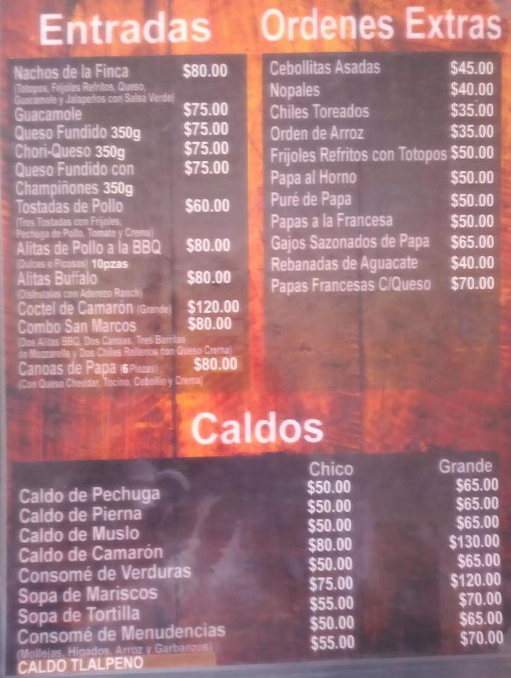 Menu at La Finca de San Marcos restaurant, San Miguel Zinacantepec