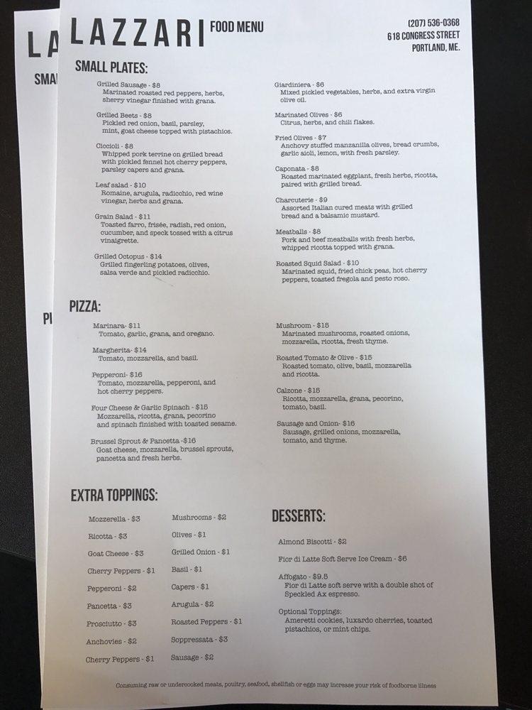 Menu at Lazzari pub & bar, Portland