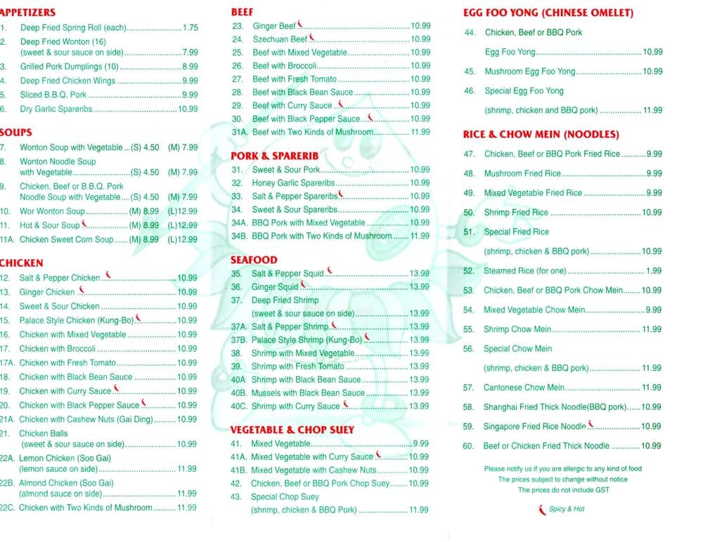 Menu at Lemon Garden restaurant, Calgary