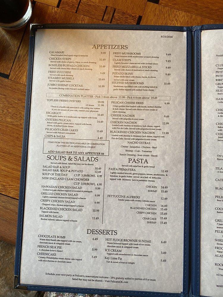 Menu at Pelican's Restaurant, Midwest City