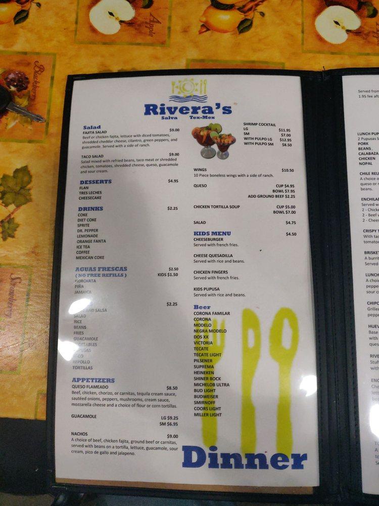 Menu at Rivera's Restaurant, Princeton