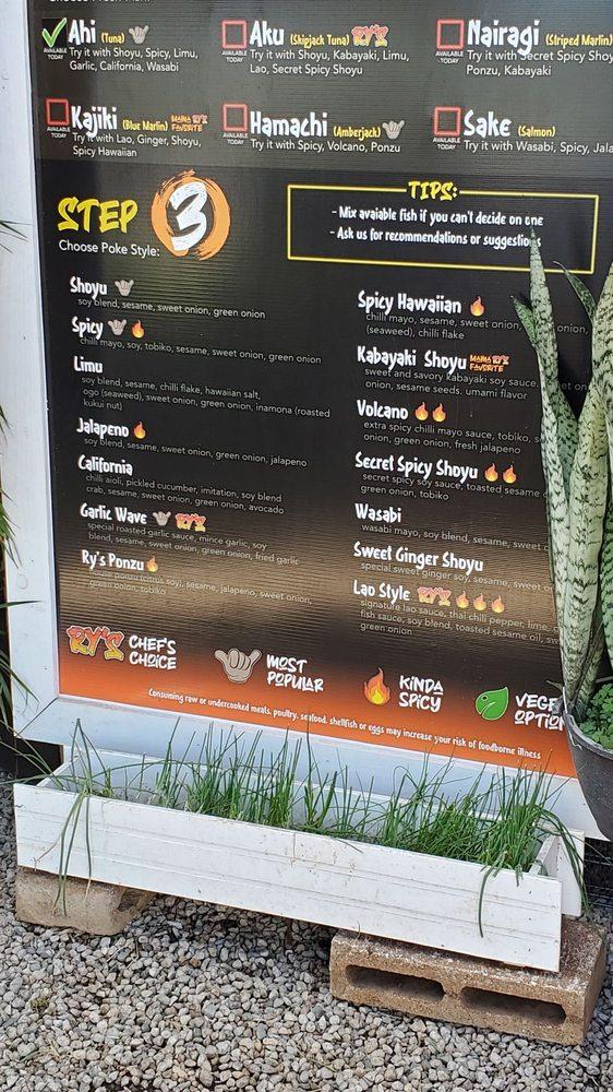 Menu at Ry's Poke Shack restaurant, Kahuku