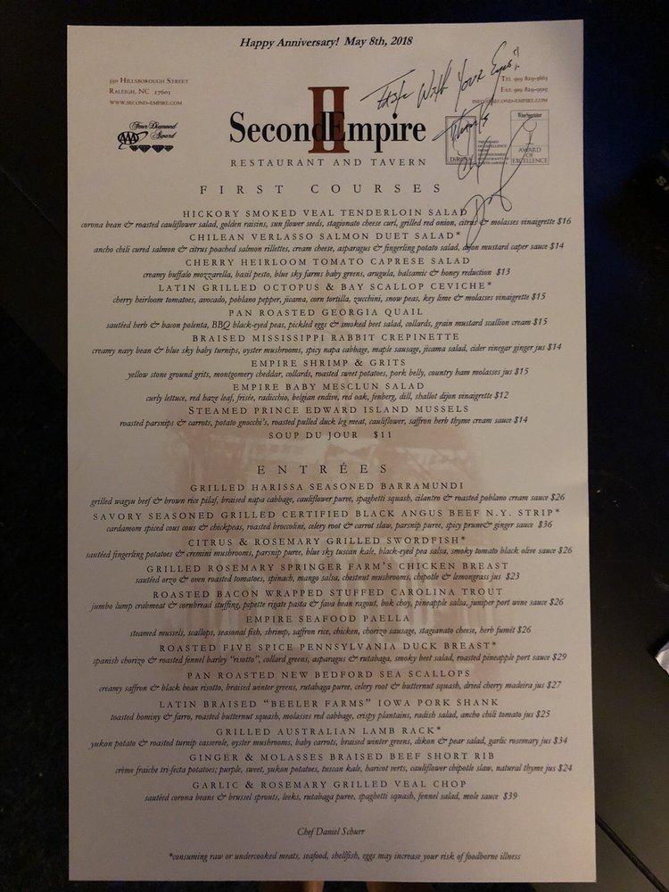 Menu at Second Empire Restaurant and Tavern, Raleigh