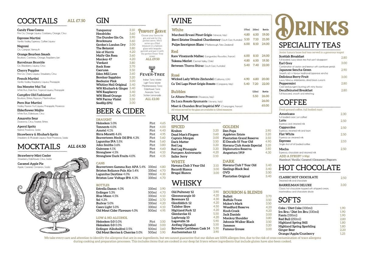 Menu at The Barrelman, Dundee