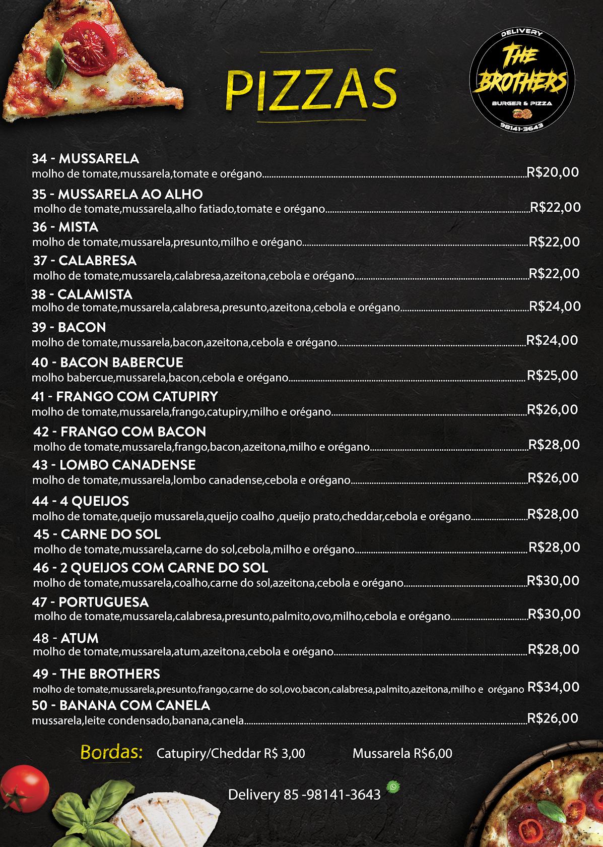 Menu at The Brothers Burger/Pizza restaurant, Port of Pecem