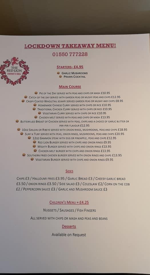 Menu at The Red Lion Hotel pub & bar, Llangadog
