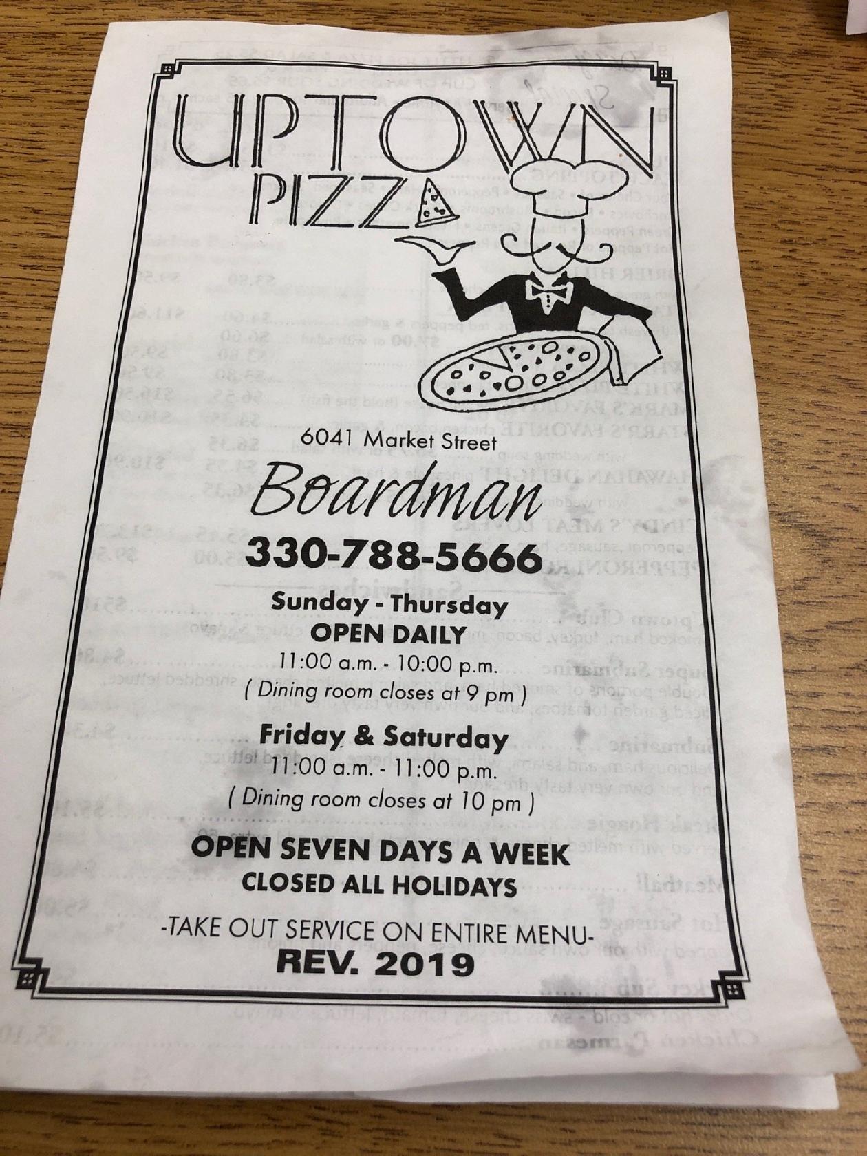 Menu at Uptown Pizza pizzeria, Youngstown, Market St
