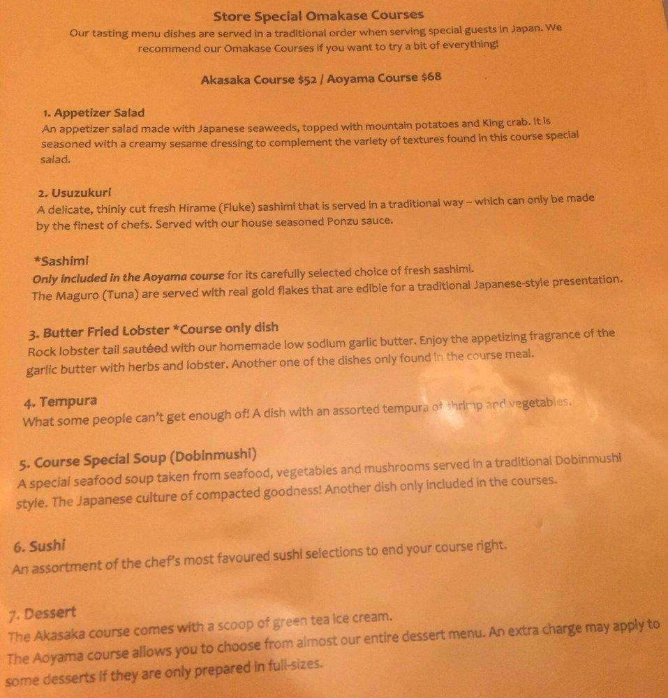 Menu at Aoyama restaurant, Toronto