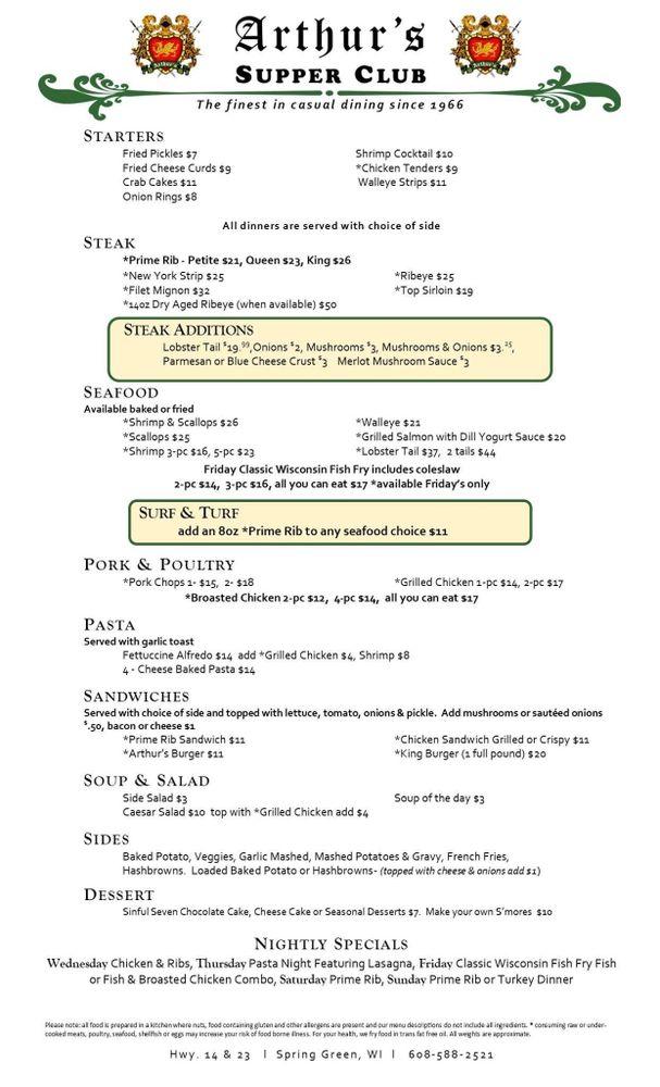 Menu at Arthur's Supper Club, Spring Green, E4885 US-14