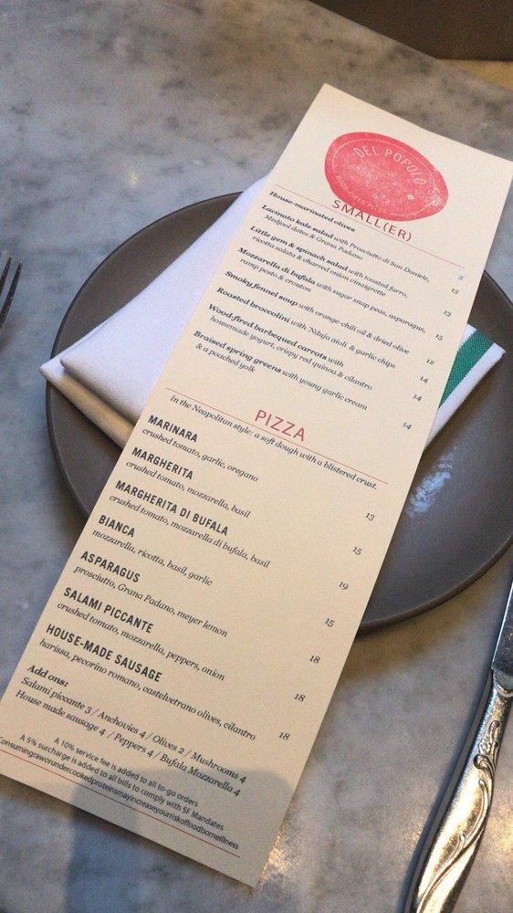 Menu at Del Popolo pizzeria, San Francisco, 855 Bush St
