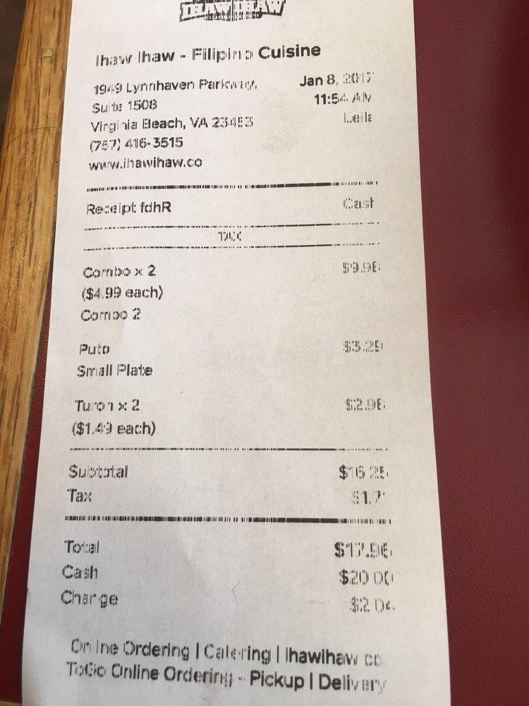 Menu at Ihaw Ihaw Filipino Cuisine restaurant, Virginia Beach
