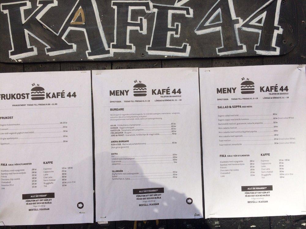 Menu at Kafé 44 cafe, Stockholm, Tjärhovsgatan 46
