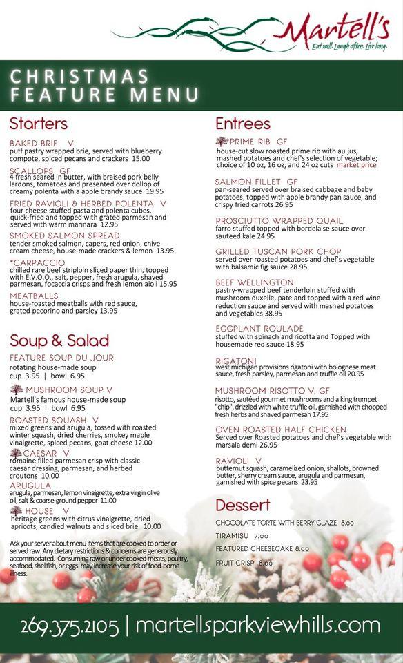 Menu at Martell's restaurant, Kalamazoo