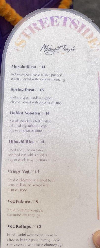 Menu at Midnight Temple restaurant, Detroit