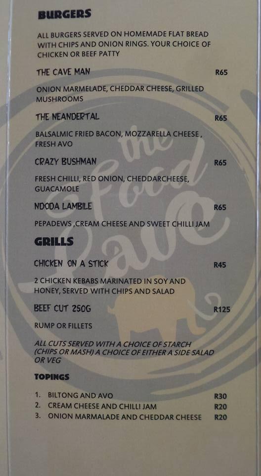 Menu at The Food Cave restaurant, Port Elizabeth