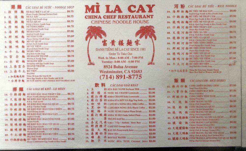 Menu at China Chef Mi La Cay restaurant, Westminster, Bolsa Ave