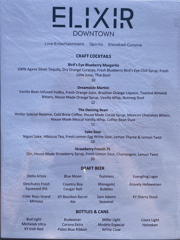Menu at ELIXIR Downtown pub & bar, Lexington
