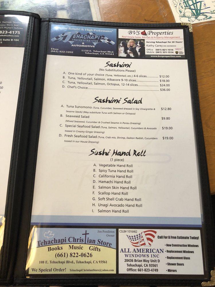 Menu at Kasagiri Restaurant, Tehachapi