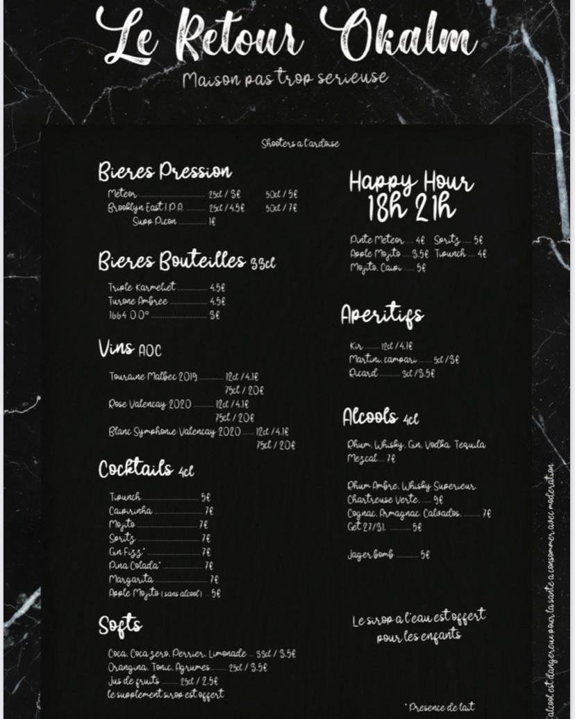 Menu au Le Retour Okalm pub et bar, Tours