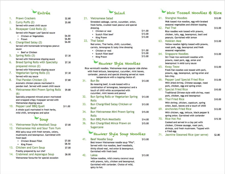 Menu at Pepper Leaf Innovative Asian Cuisine restaurant, Tea Tree Gully