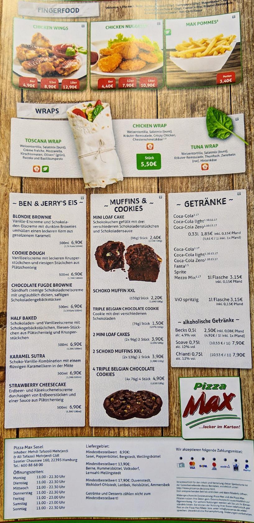 Speisekarte von Pizza Max Hamburg Sasel, Hamburg