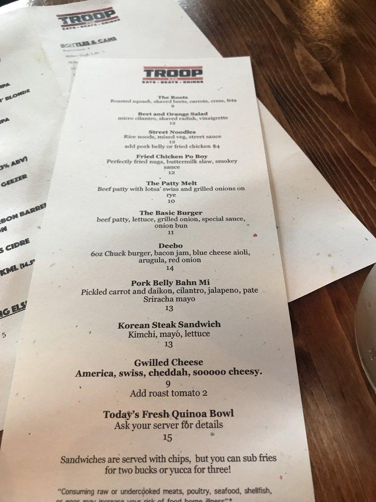 Menu at Troop pub & bar, Providence
