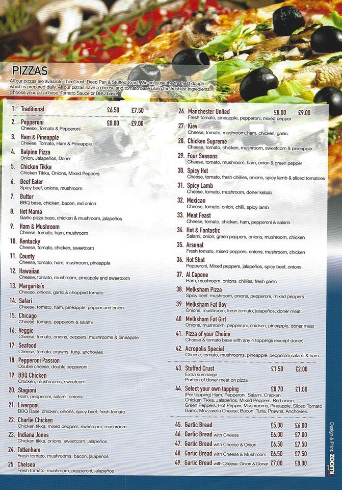 Menu at Acropolis fast food, Melksham
