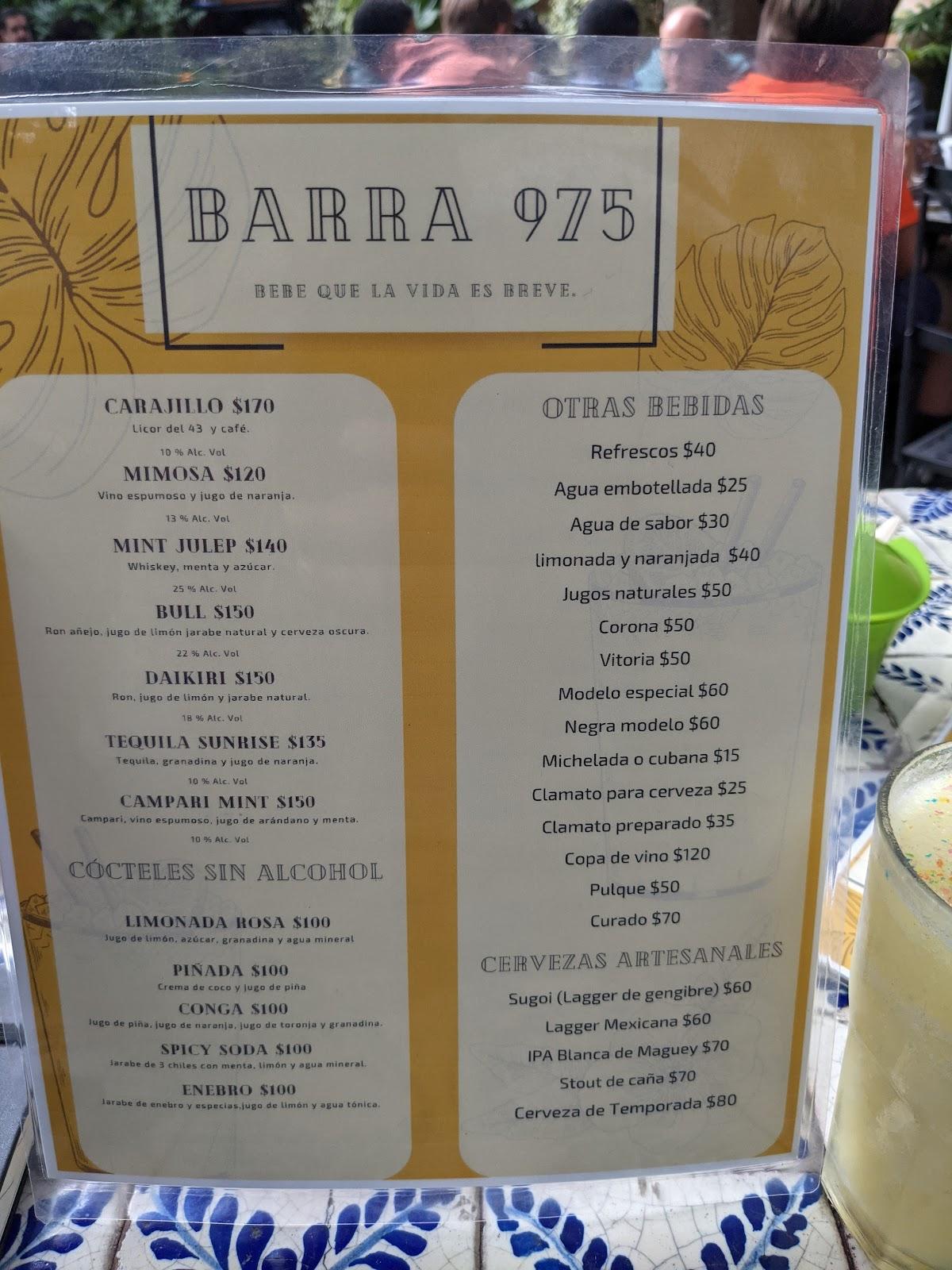 Menu at Barra 975, Mexico