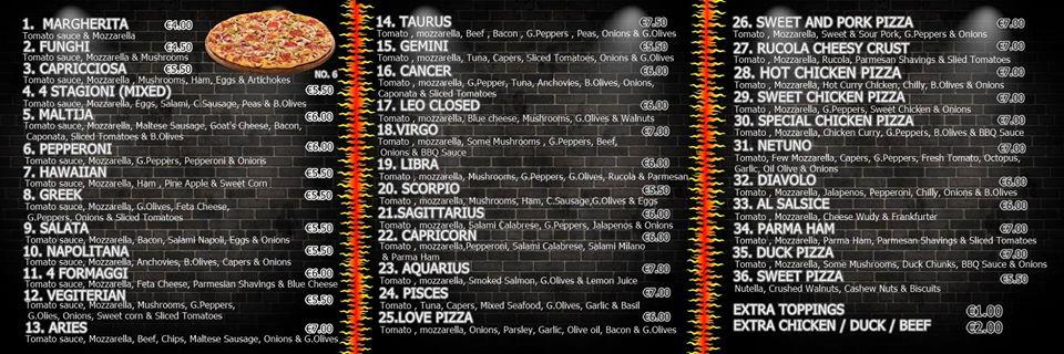 Menu at Love Pizza restaurant, Fgura