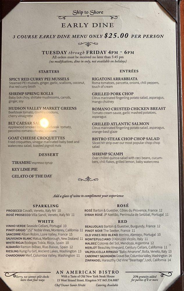 Menu at Ship to Shore steakhouse, Kingston