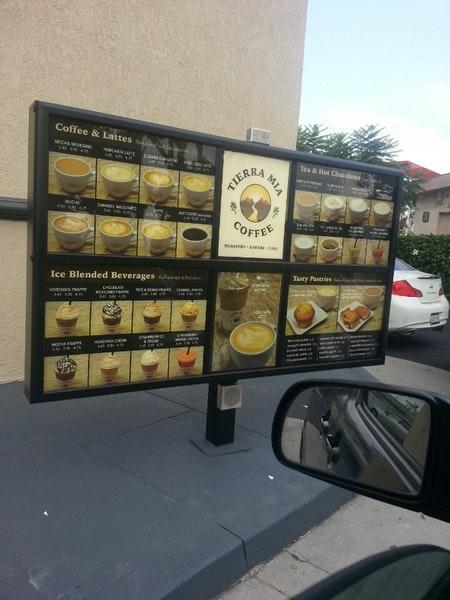Menu at Tierra Mia Coffee Drive Thru cafe, Lynwood, Atlantic Ave