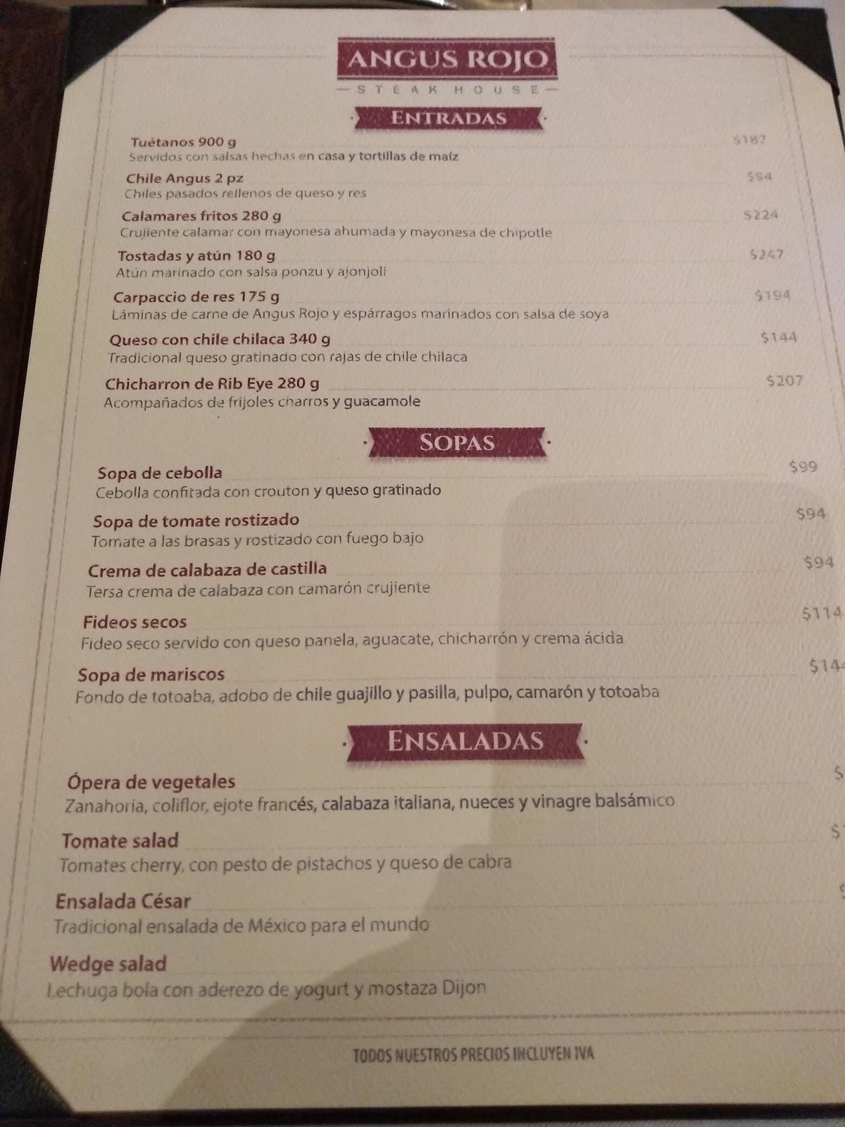 Carta de parrilla Angus Rojo, Ciudad Juarez