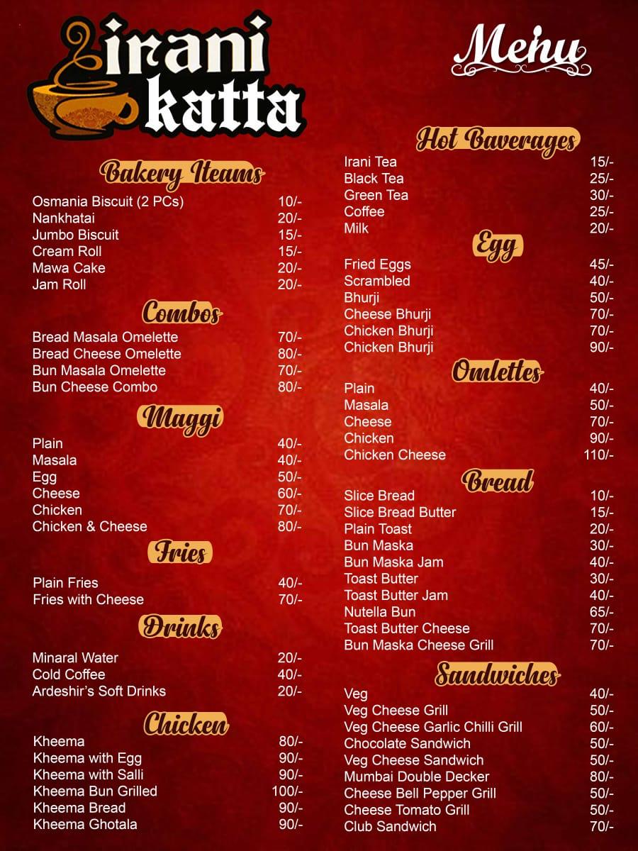 Menu at Cafe Irani Katta, Pune