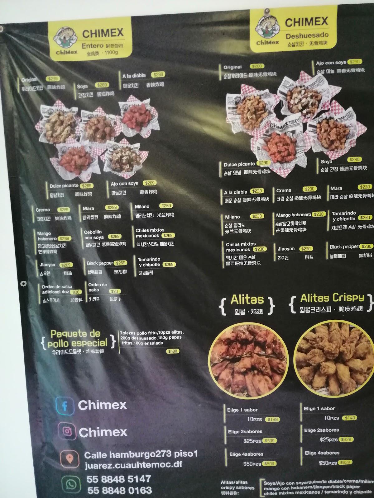 Carta del restaurante Chimex, Ciudad del México