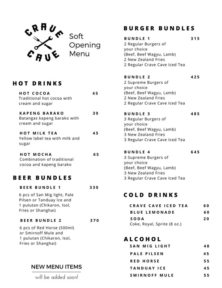 Menu at Crave Cave pub & bar, Parañaque