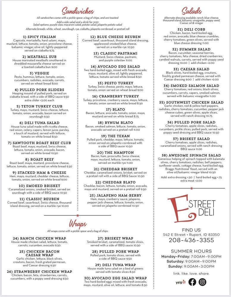 Menu at E Street Deli pub & bar, Rupert
