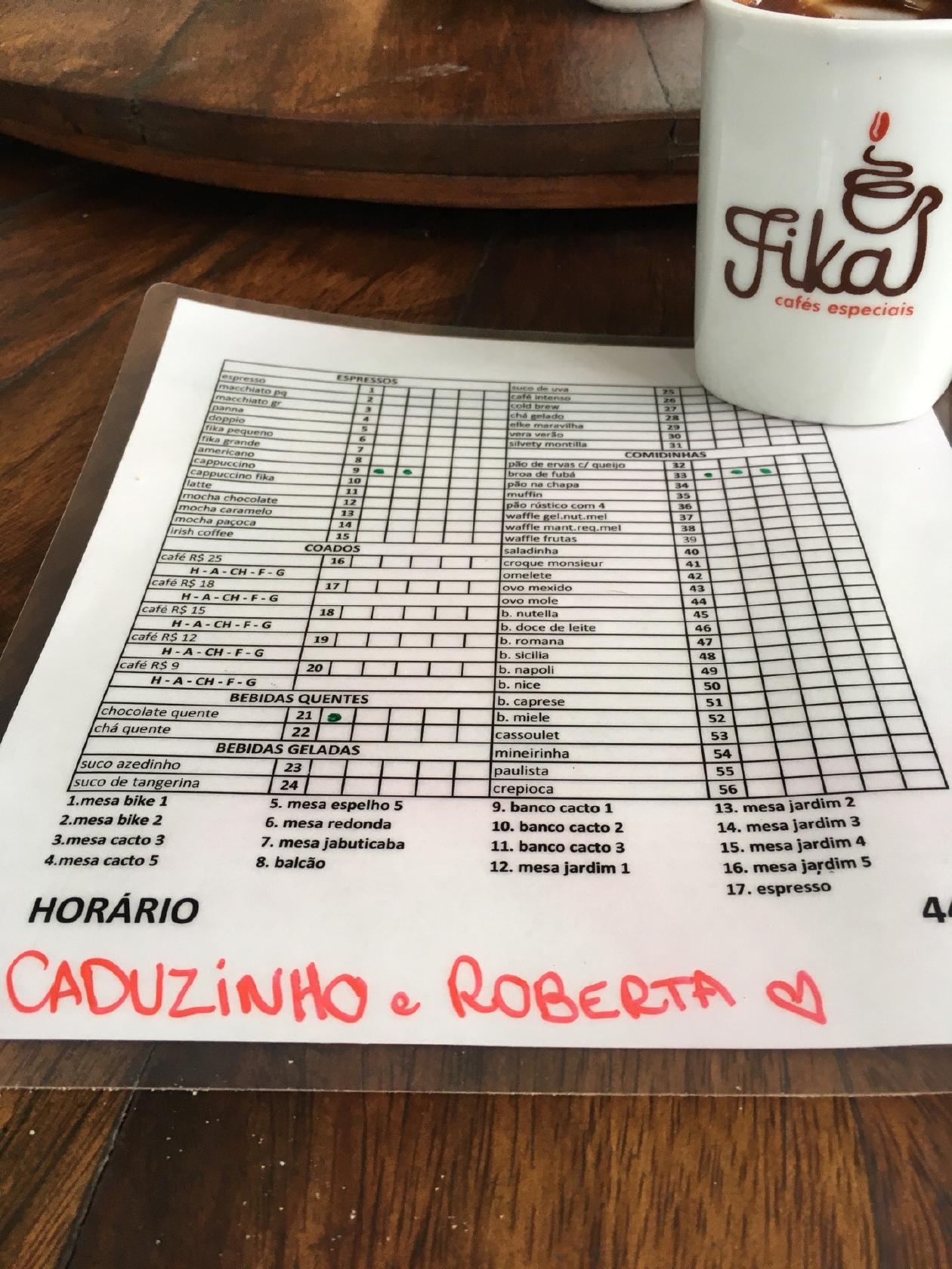 Menu at Fika Café, São José dos Campos