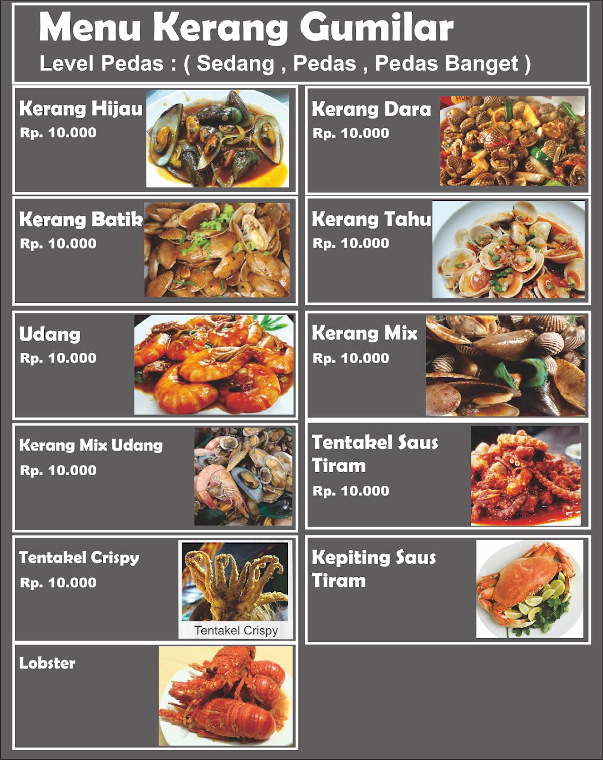 Menu at Gerobak kerang gumilar restaurant, Padalarang, Jl. Permata Raya