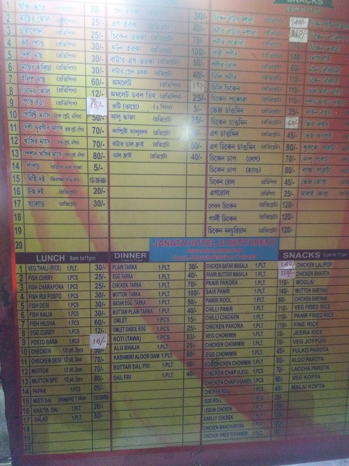 Menu at Janata Hotel & Restaurant, India, CVQ5+V4H