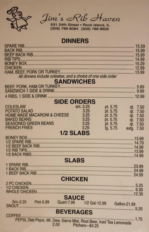 Menu at Jim's Rib Haven BBQ, Rock Island